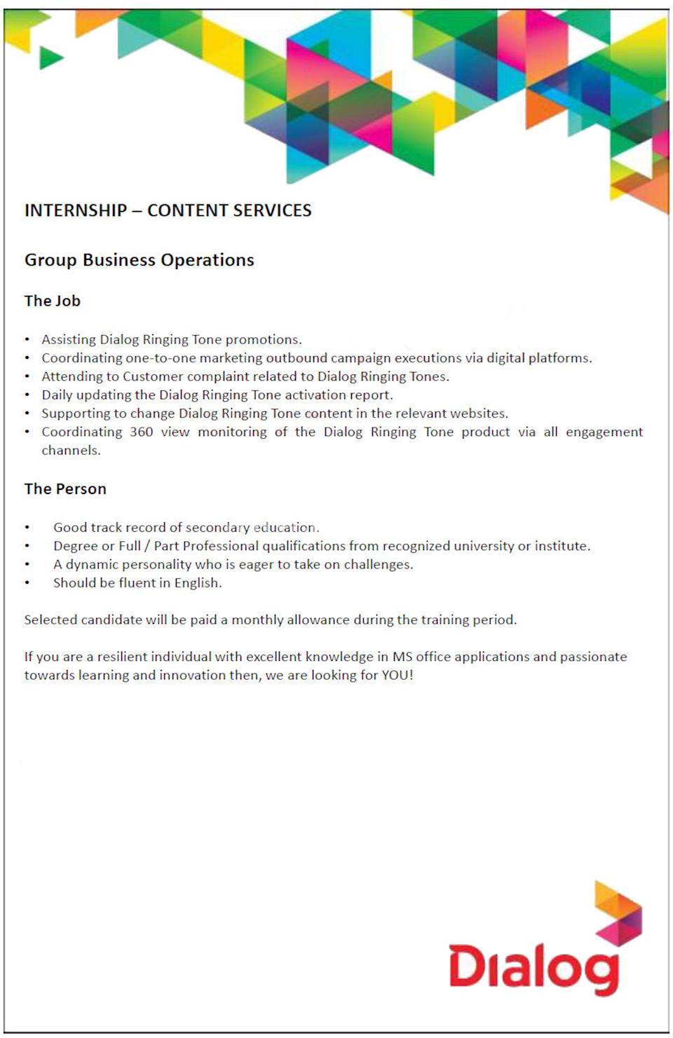 Internship - Content Services at Dialog Axiata