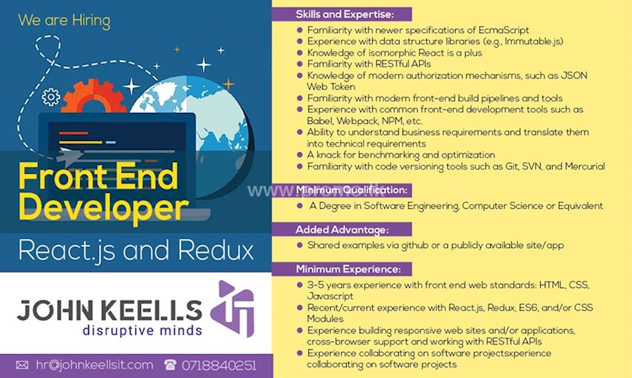 Front End Developer - React.js and Redux at John Keells Holdings