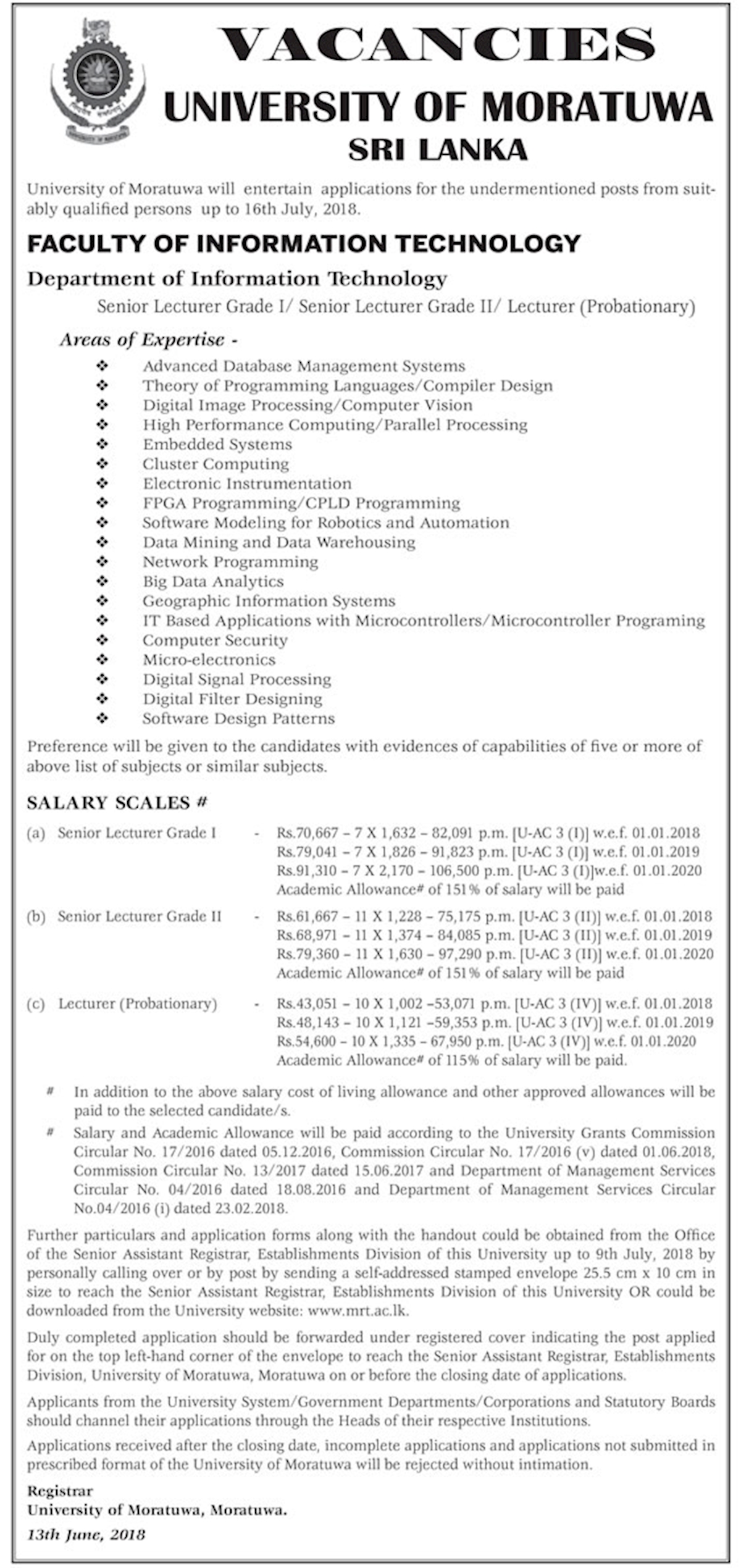 Senior Lecturer Grade I Senior Lecturer Grade II Lecturer Senior Lecturer Grade I Senior Lecturer Grade II Lecturer
