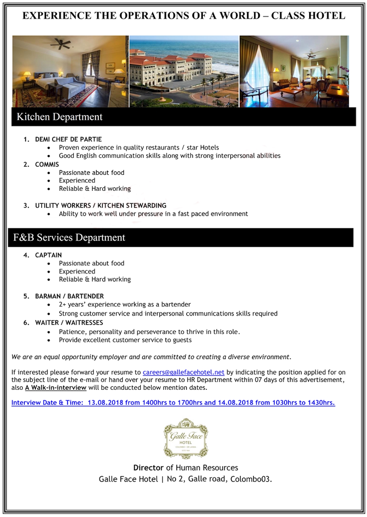 Vacancies at Galle Face Hotel