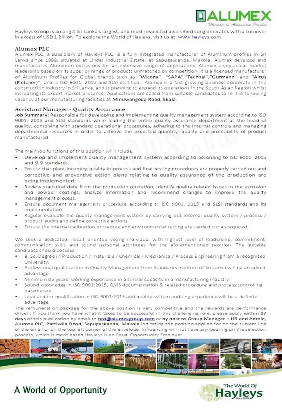 Assistant Manager - Quality Assurance at Hayleys Group