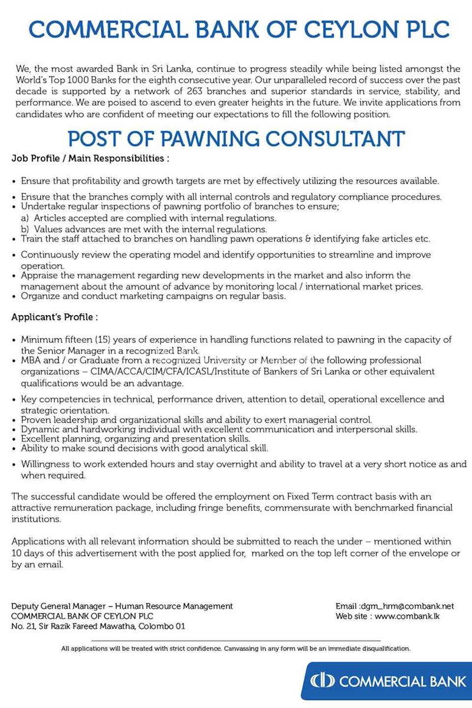 Post of Pawning Consultant at Commercial Bank