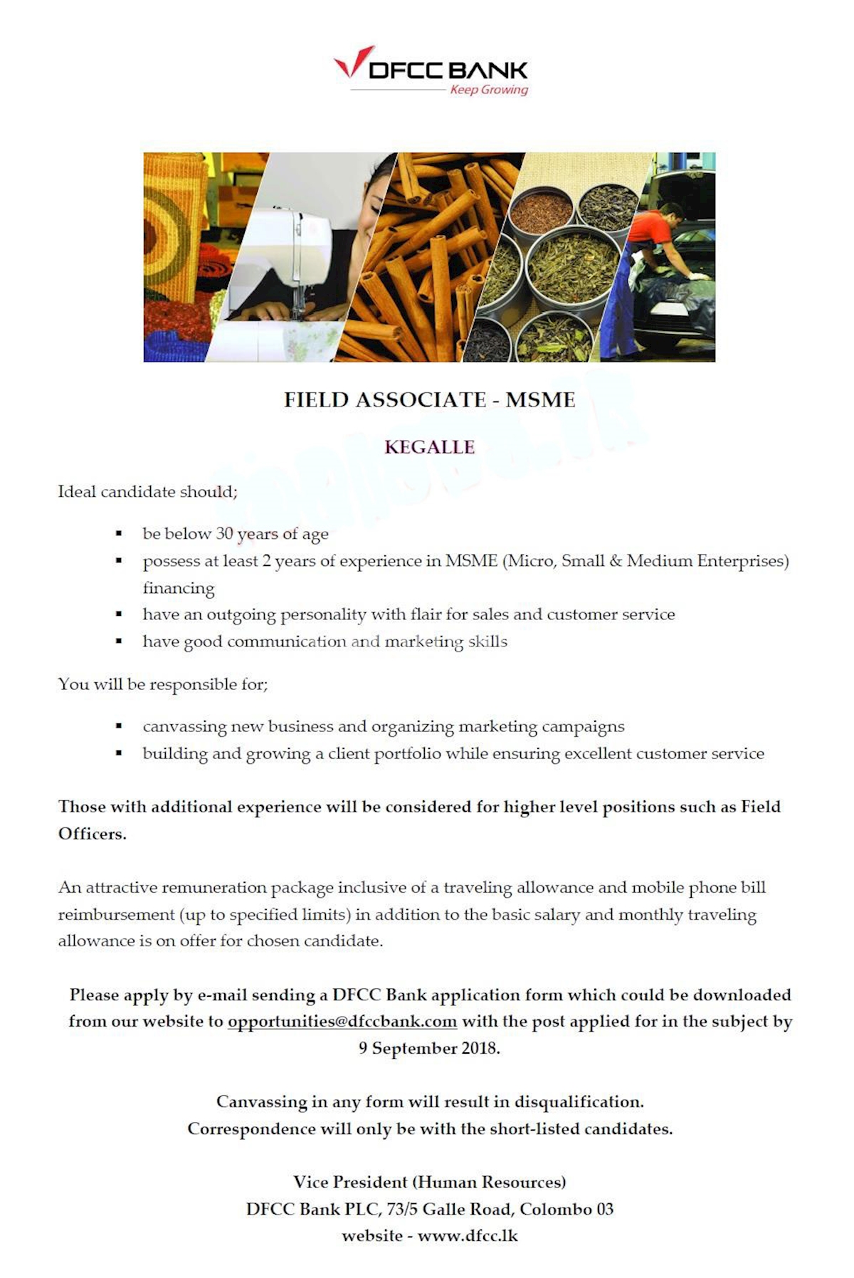 Field Associate - MSME - Kegalle at DFCC Bank PLC