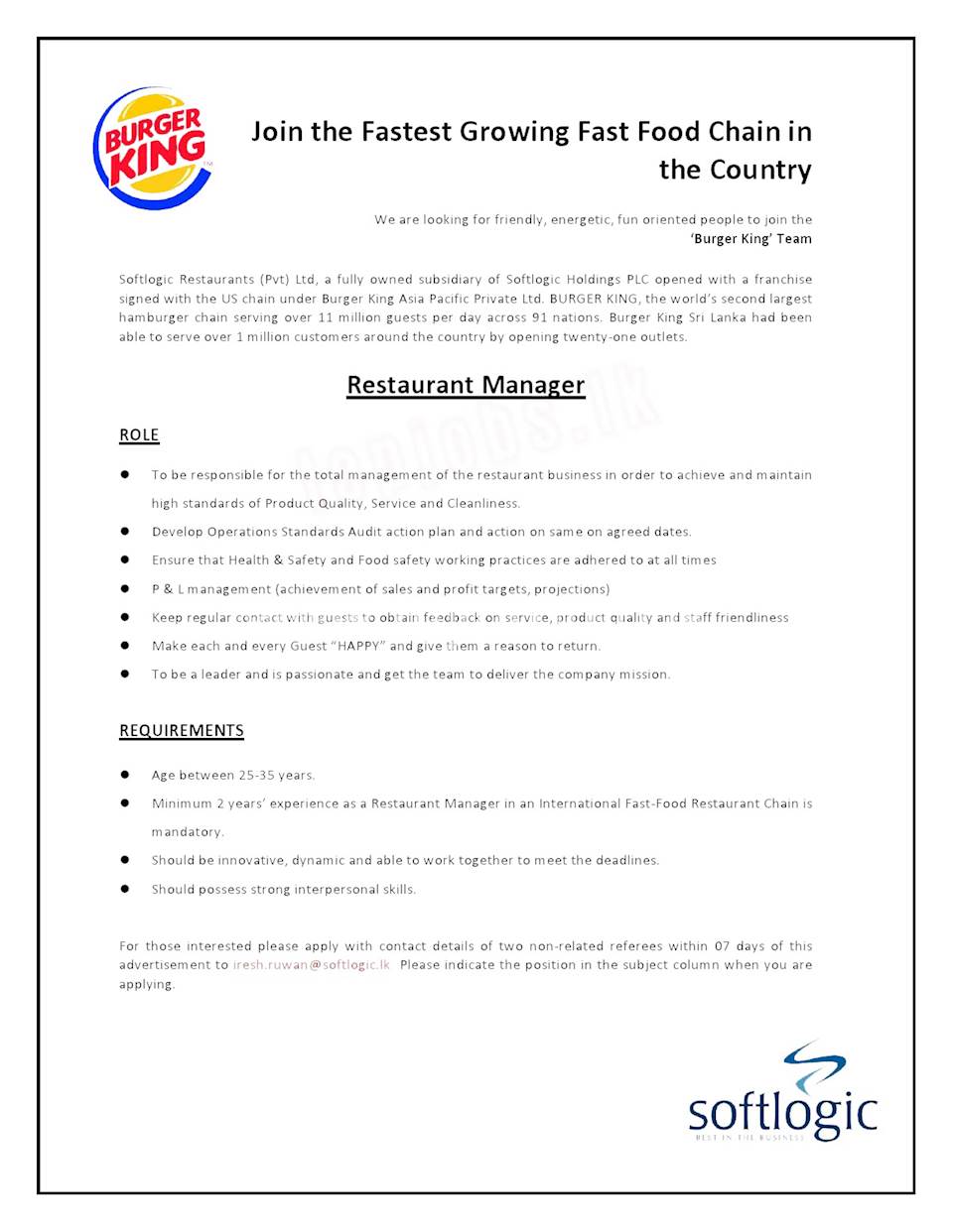 Restaurant Manager at Softlogic Holdings PLC
