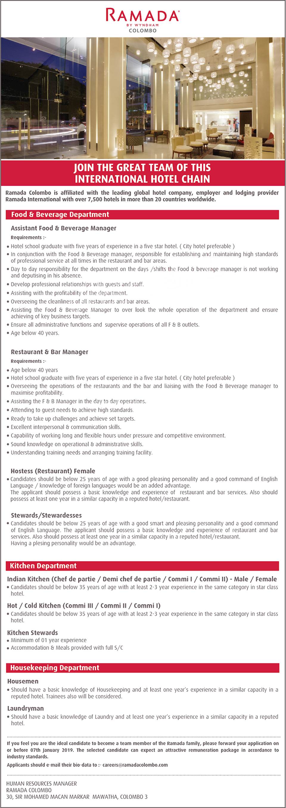 Vacancies at Ramada Colombo