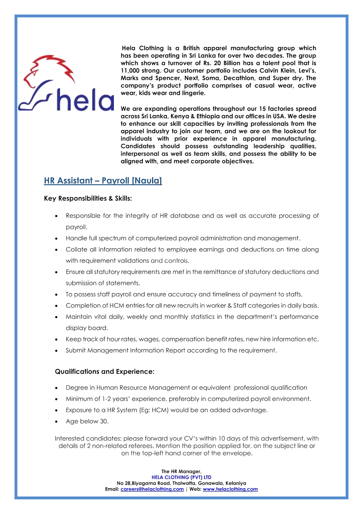HR Assistant - Payroll (Naula) at Hela Clothing