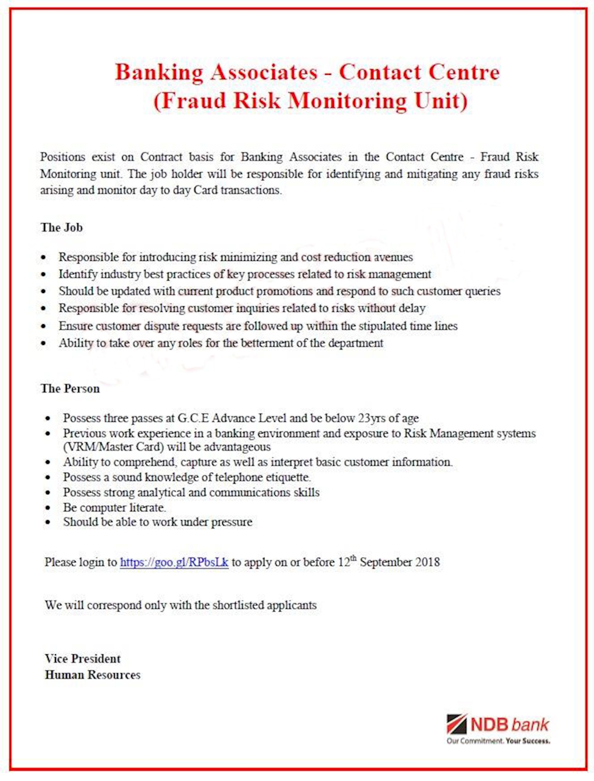 Banking Associates - Contact Centre at National Development Bank - NDB Bank