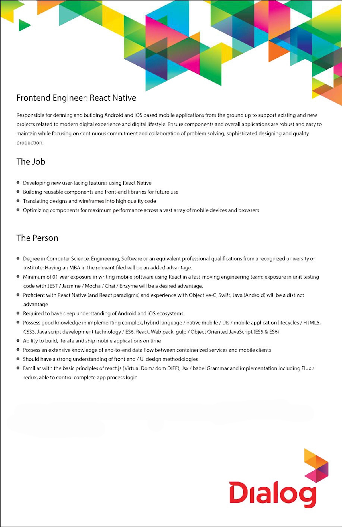 Frontend Engineer: React Native at Dialog Axiata