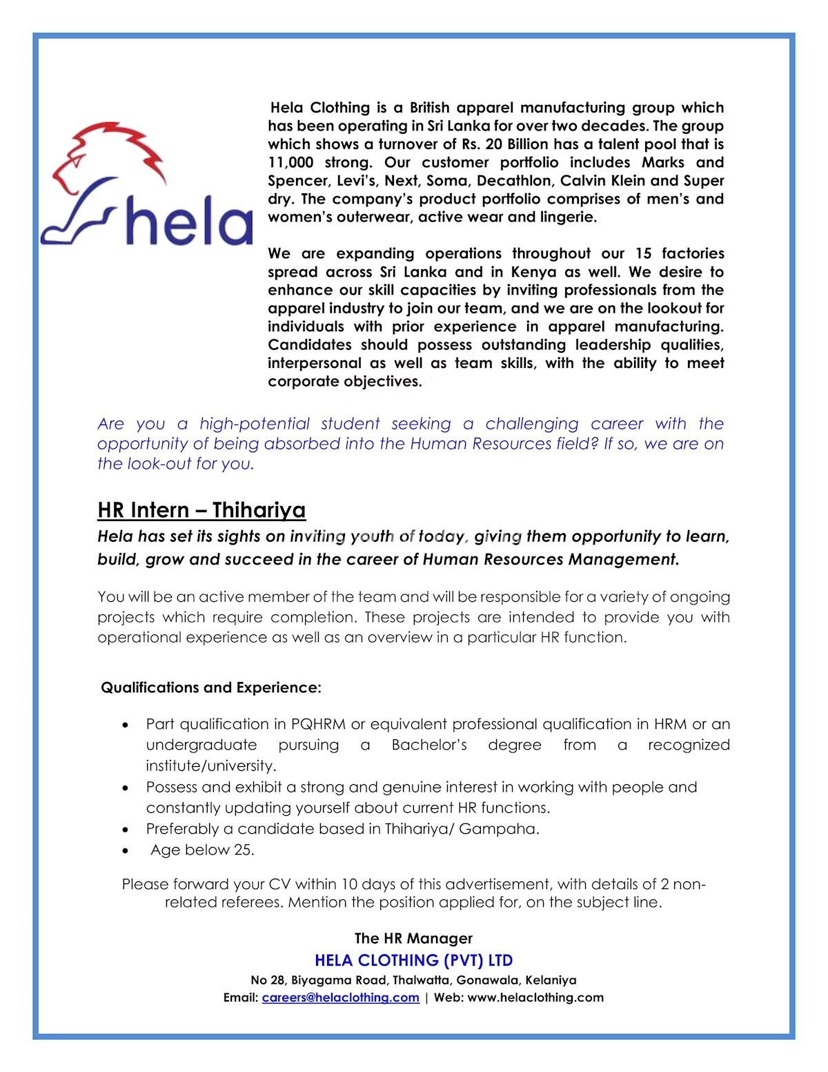 HR Intern - Thihariya at Hela Clothing