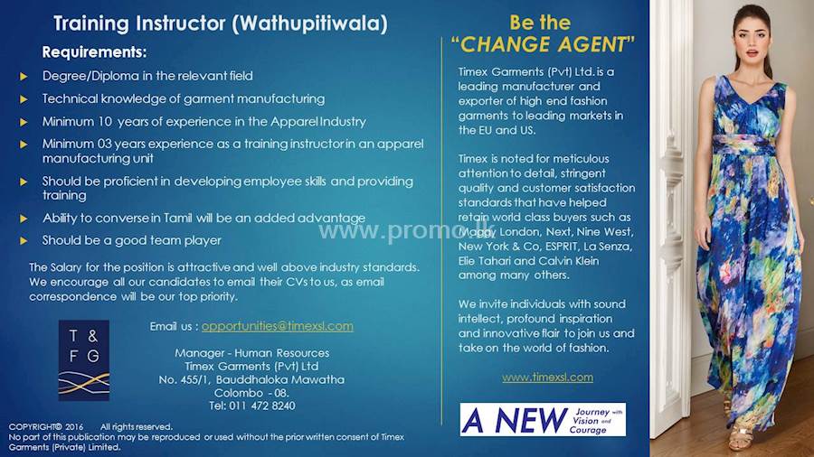 TRAINING INSTRUCTOR (Wathupitiwala) at TIMEX GARMENTS at Timex Garments