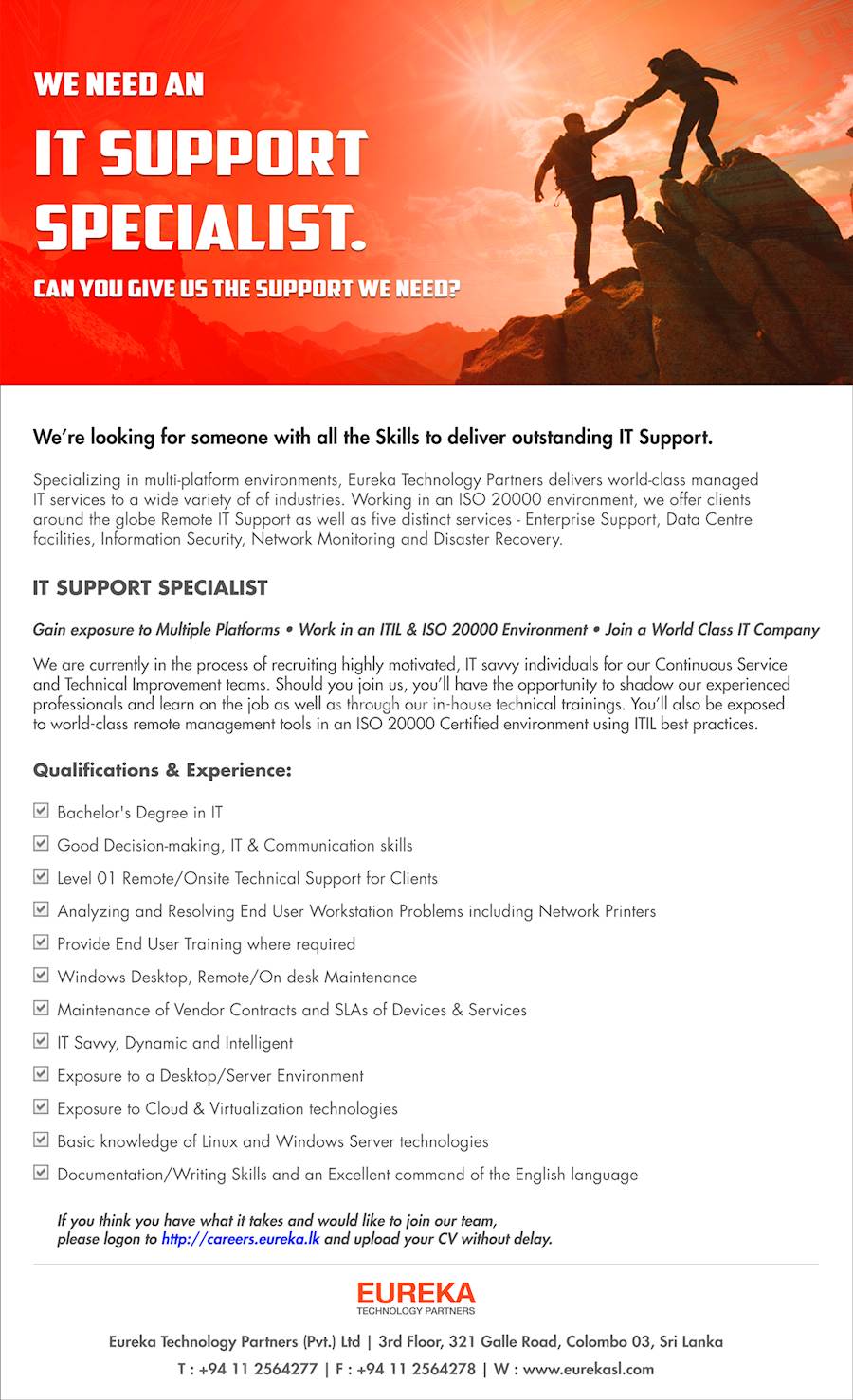 IT SUPPORT SPECIALIST at EUREKA TECHNOLOGY PARTNERS at Eureka ...