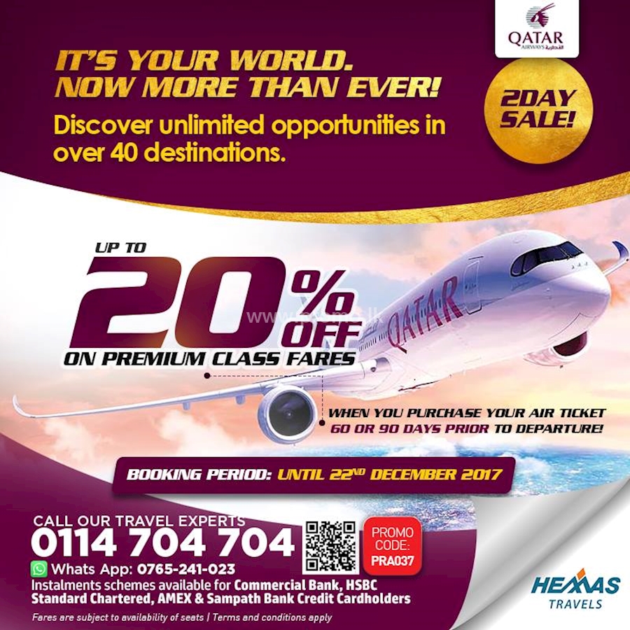 Up to 20% Off on Premium Class Fares on Qatar Airways from Hemas Travels
