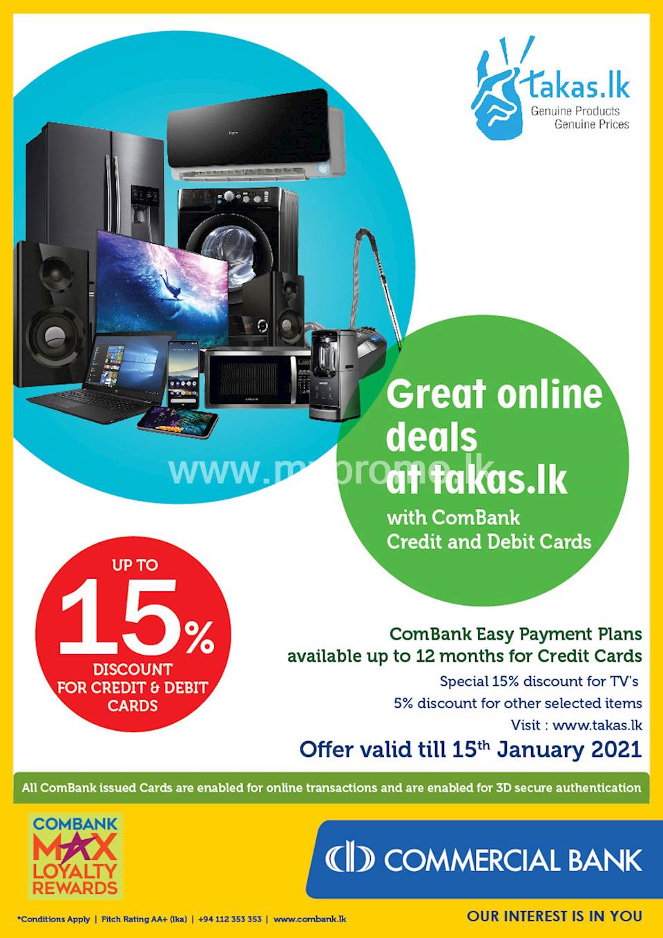 Ge up to 15% Discount for ComBank Credit and Debit Cards at takas.lk